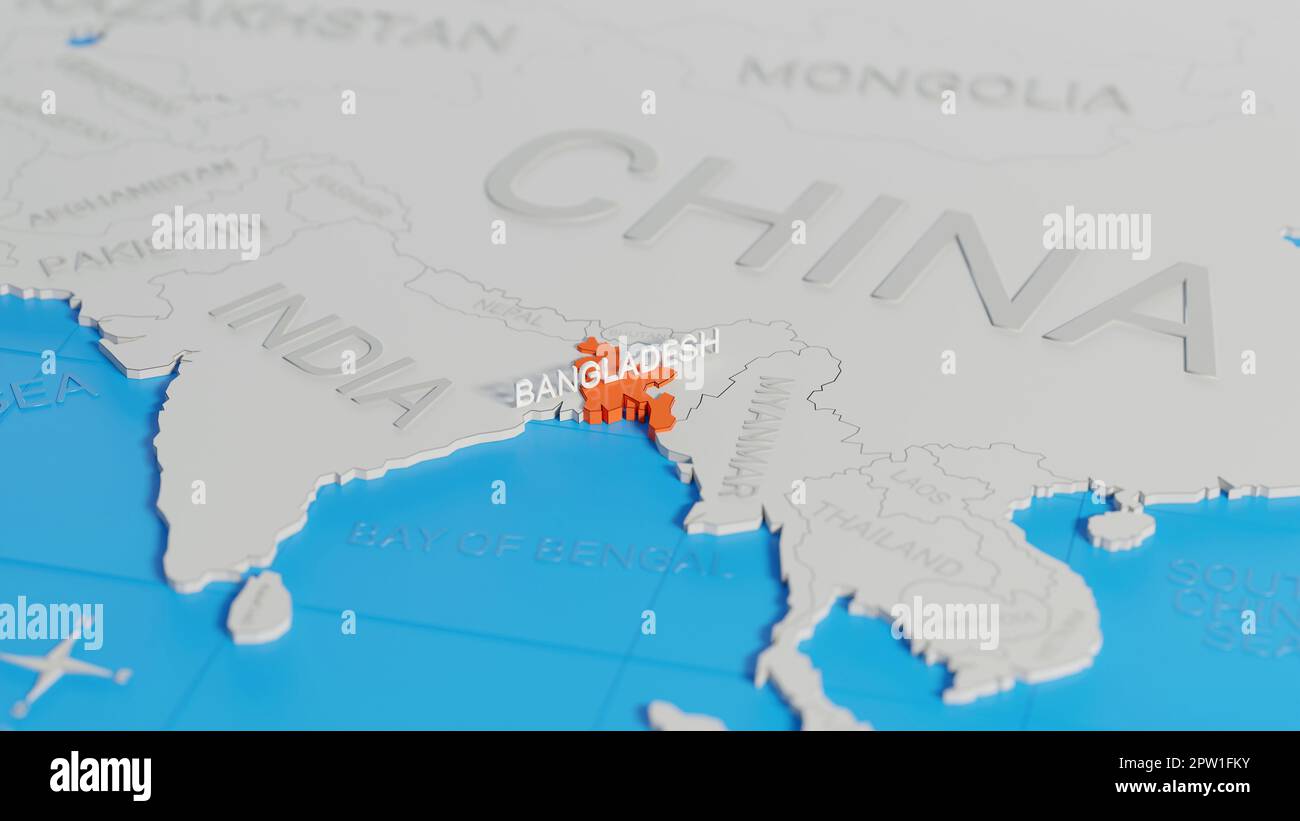 Bangladesh highlighted on a white simplified 3D world map. Digital 3D ...