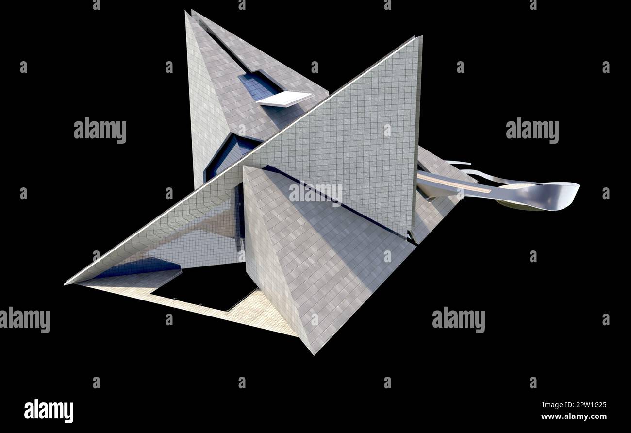 Futuristic architecture with concrete and glass interlocked triangular ...