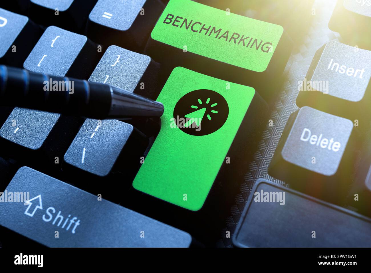 Hand writing sign Benchmarking, Concept meaning Evaluate something by ...