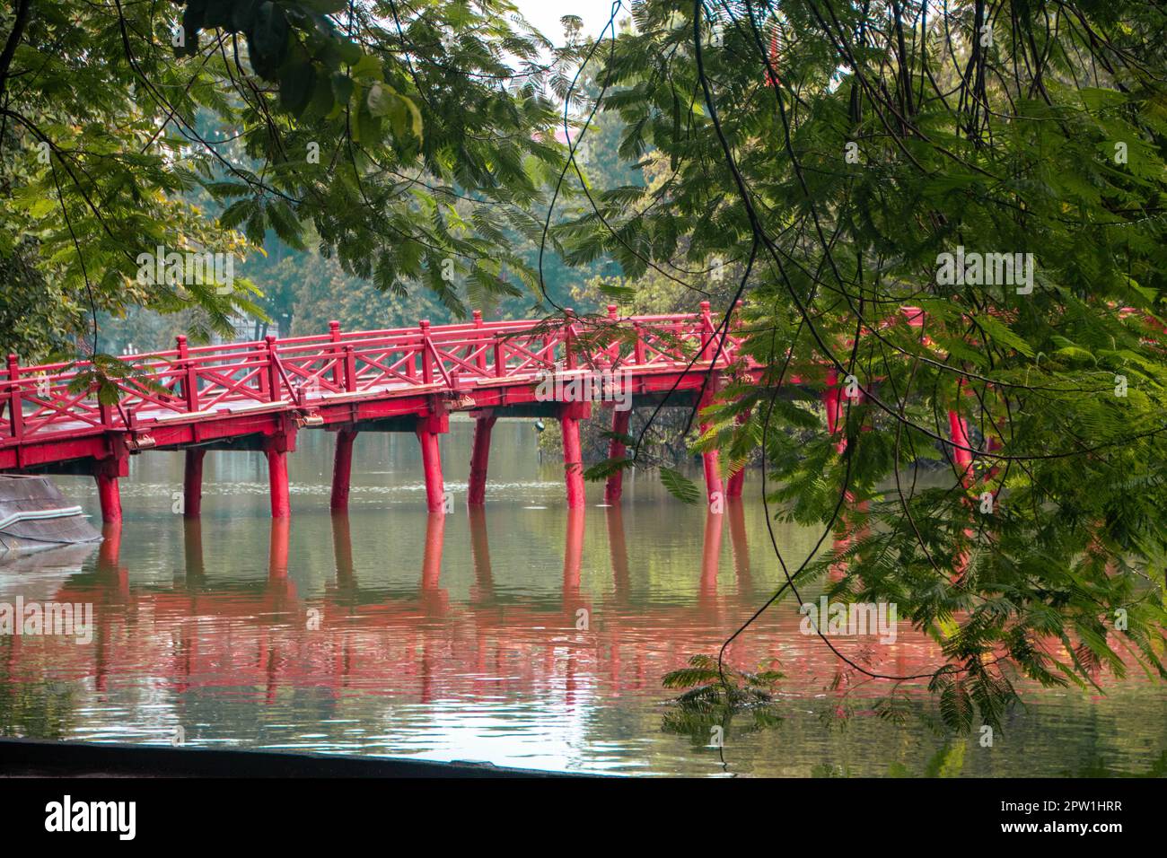 The Huc Bridge on Hoan Kiem lake at Hanoi also known as “Sword Lake ...