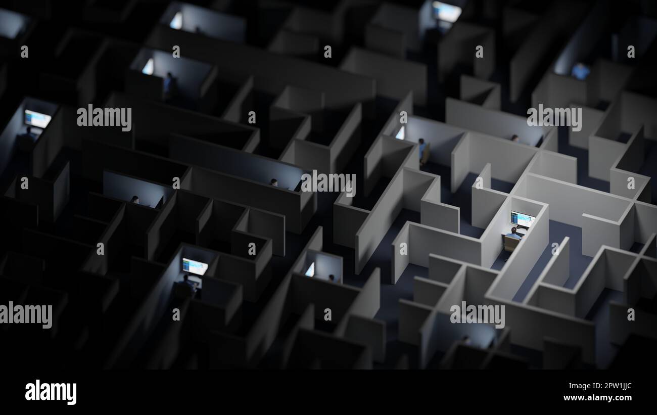 Office workers trapped in a maze. Workaholic, social isolation concept ...