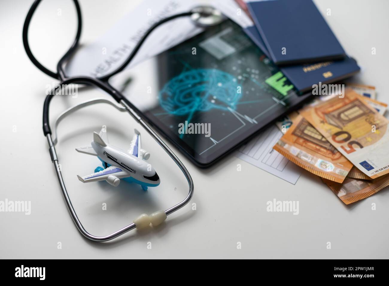 Modern social health insurance program. Tablet computer with healthcare ...