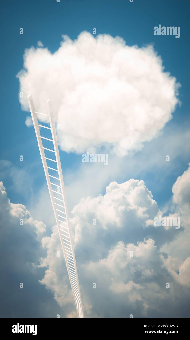 long ladder reaching a cloud in the sky. 3d render Stock Photo - Alamy