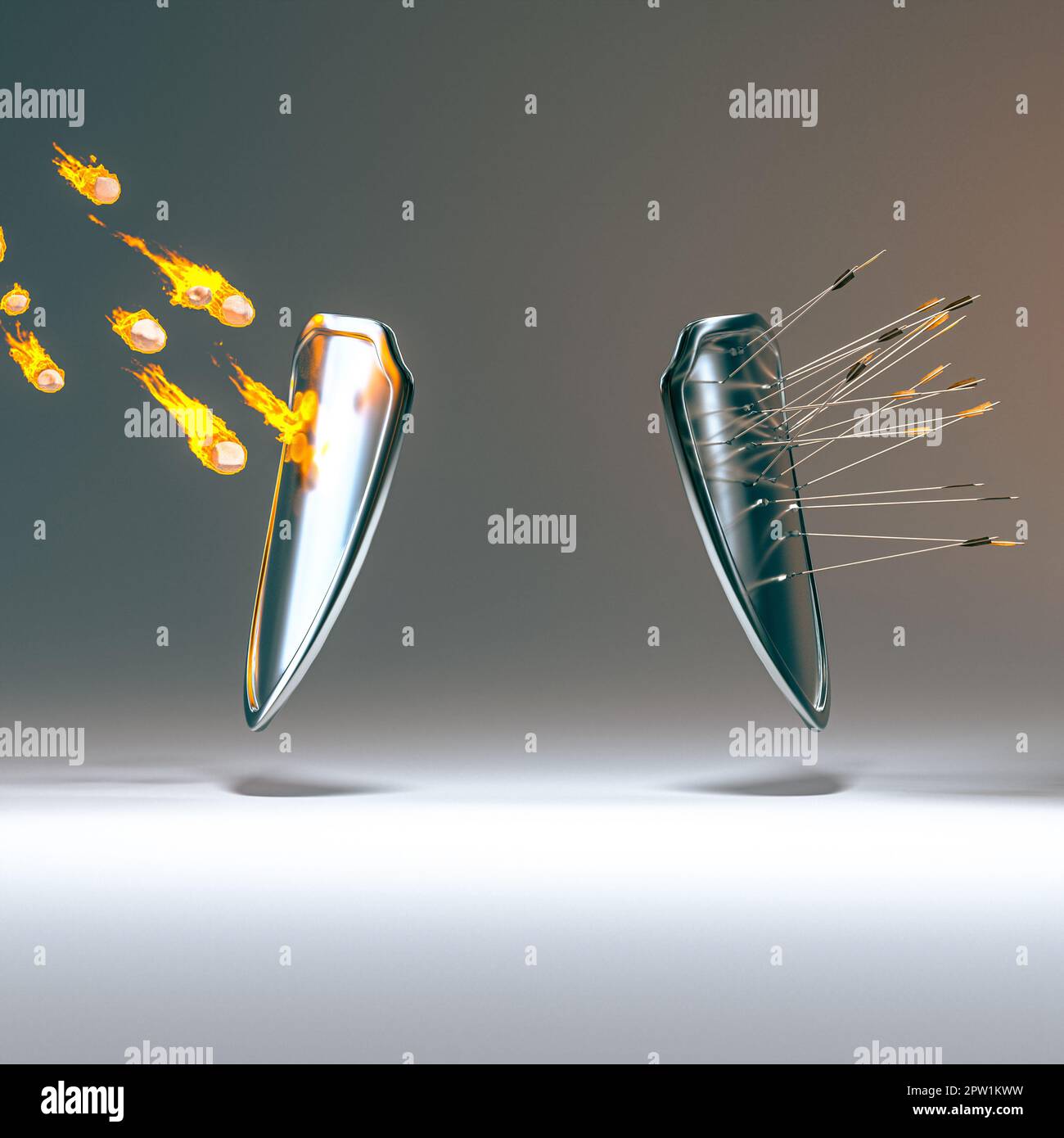 metal shields hit by fireballs and arrows. 3d render Stock Photo - Alamy