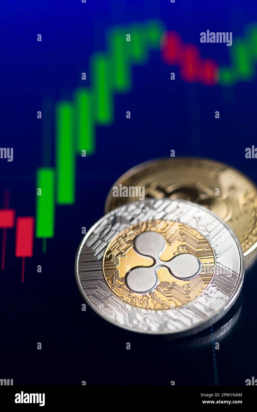 Bitcoin and cryptocurrency investing concept. Cryptocurrency golden coin with gold ripple symbol ...