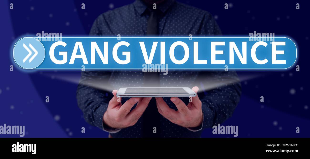 Hand writing sign Gang Violence, Business showcase infringement of the ...