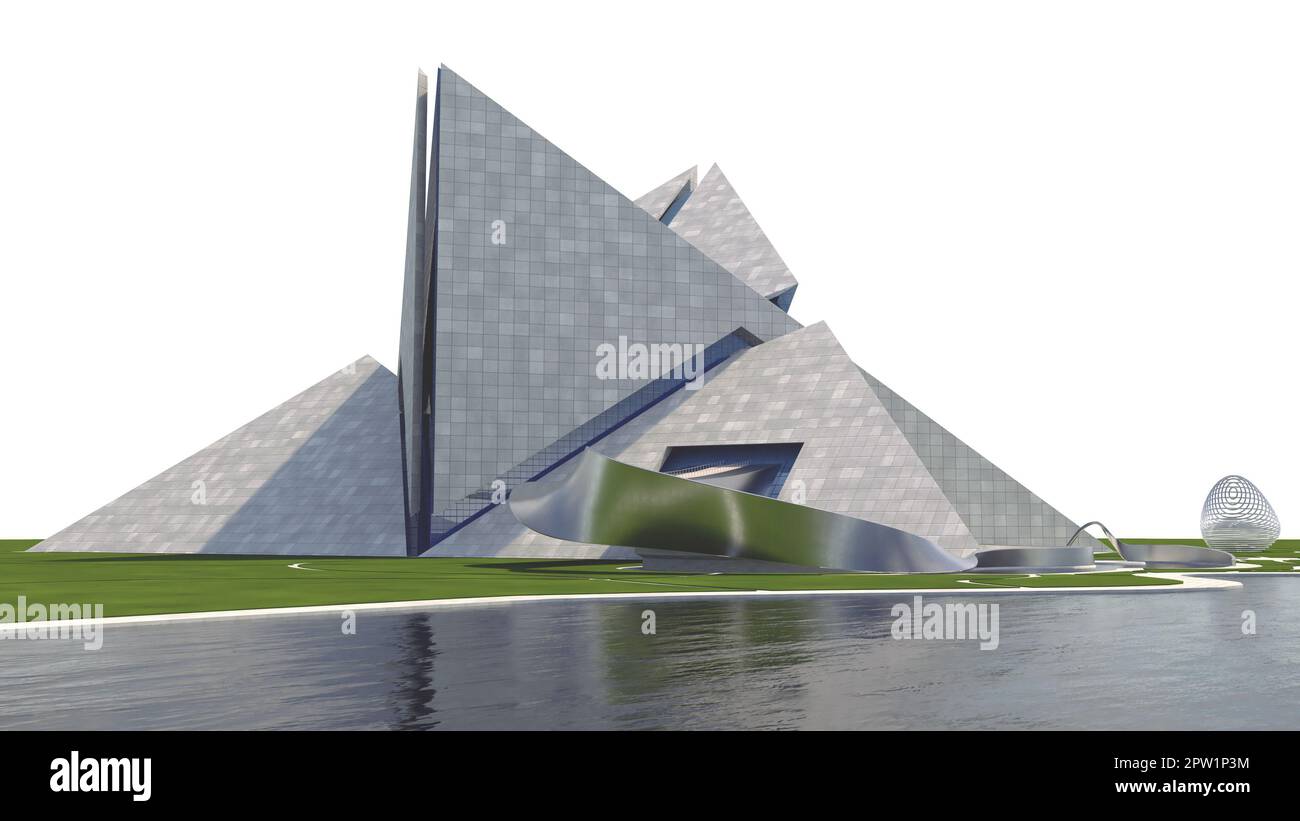 Futuristic architecture with concrete and glass interlocked triangular ...