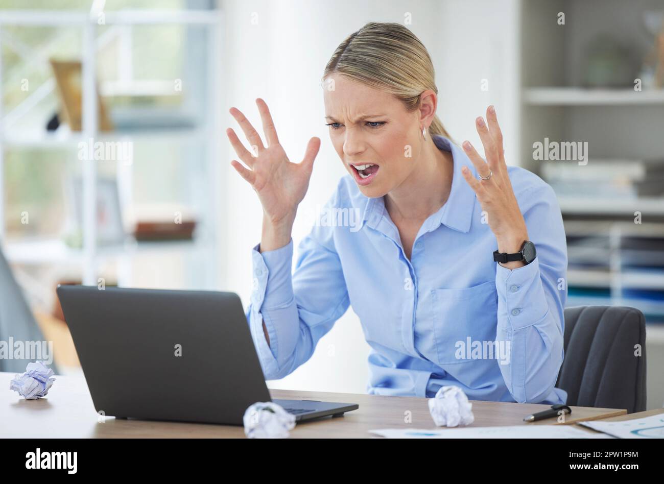 Burnout, fail and angry corporate employee with laptop stress, review ...