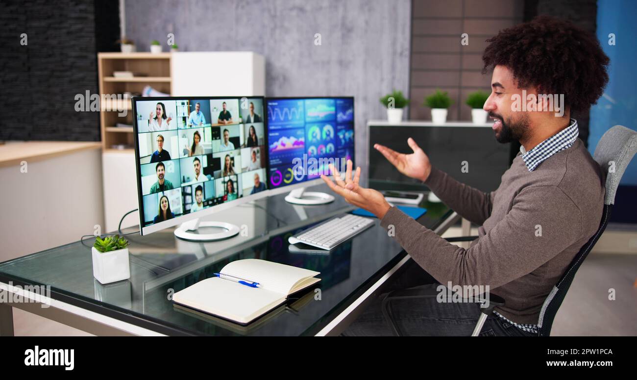 African American Showing Chart In Virtual Video Conference Call Stock ...