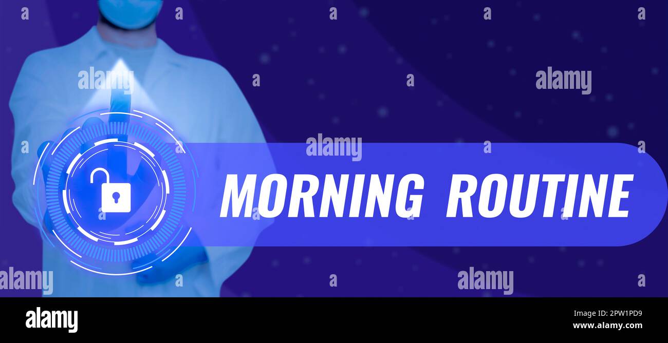 Sign displaying Morning Routine, Word Written on initiation of consumer ...