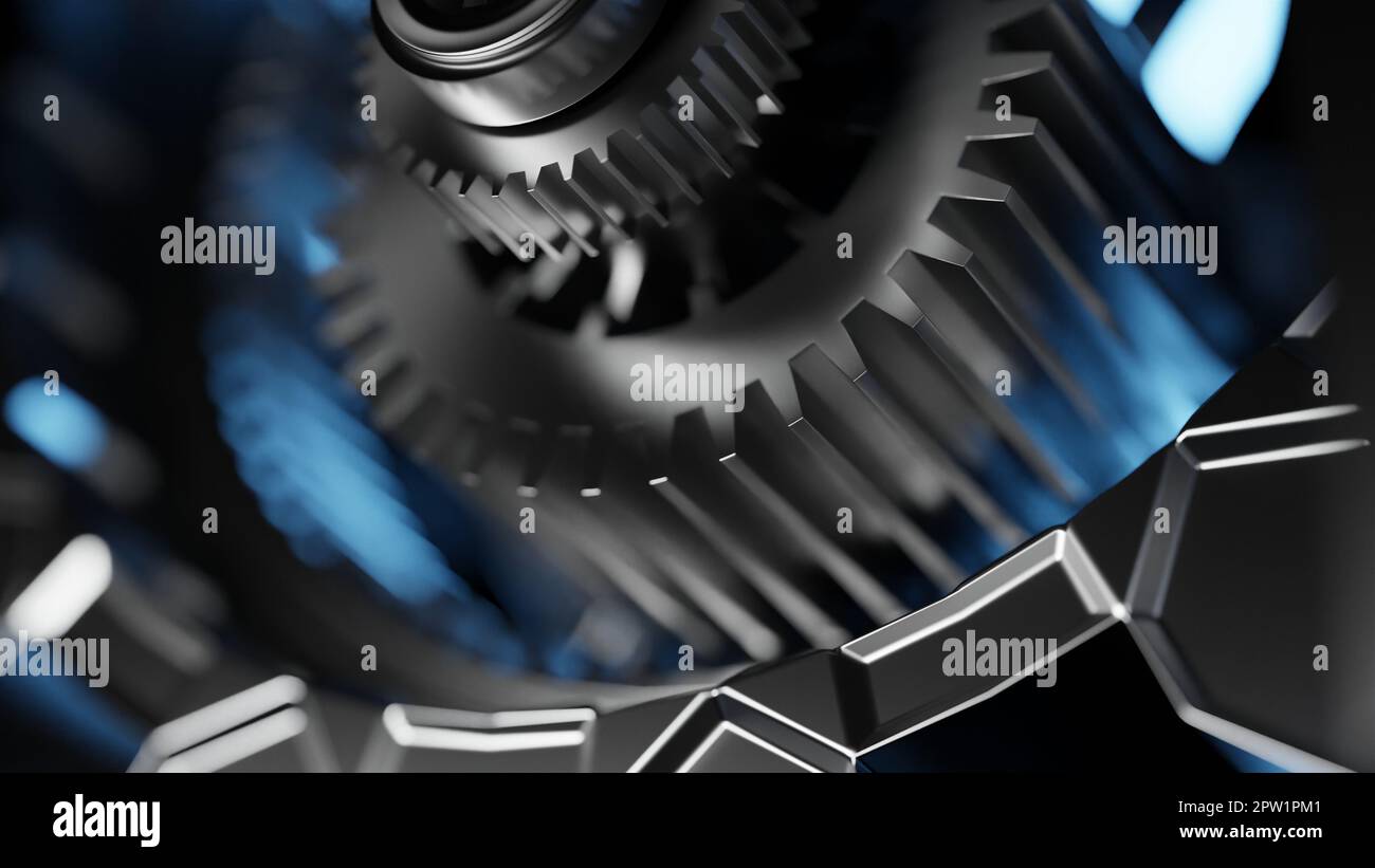 Steel gears from an engine gearbox, close up. High performance engines ...