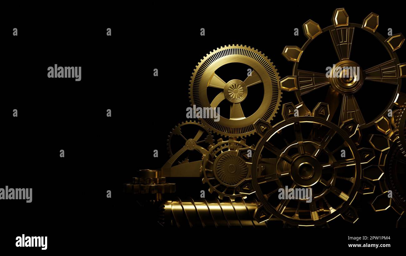 Golden clockwork mechanism, close up. Precision engineering, concept ...