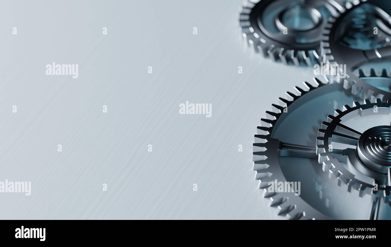 Precision engineering, concept background. Shiny steel gears on light ...