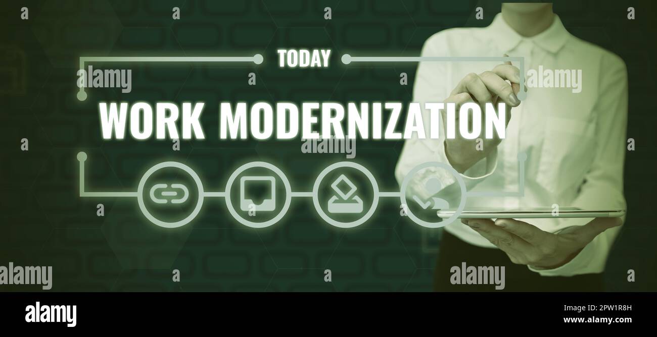 Sign displaying Work Modernization, Business concept changing product ...