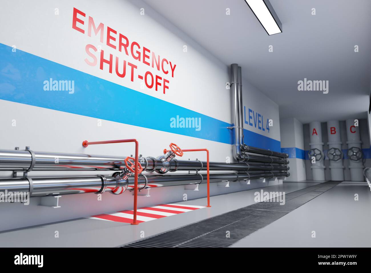 Clean, modern industrial hallway with stainless steel pipelines and red ...