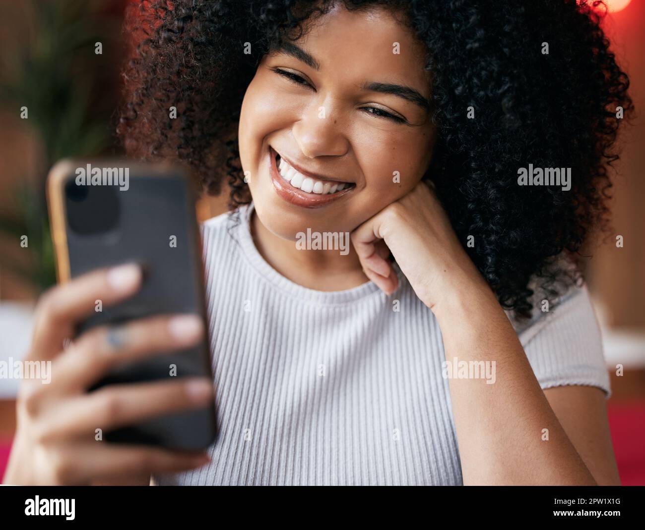 Black woman, phone and smile for selfie with happy face for social ...