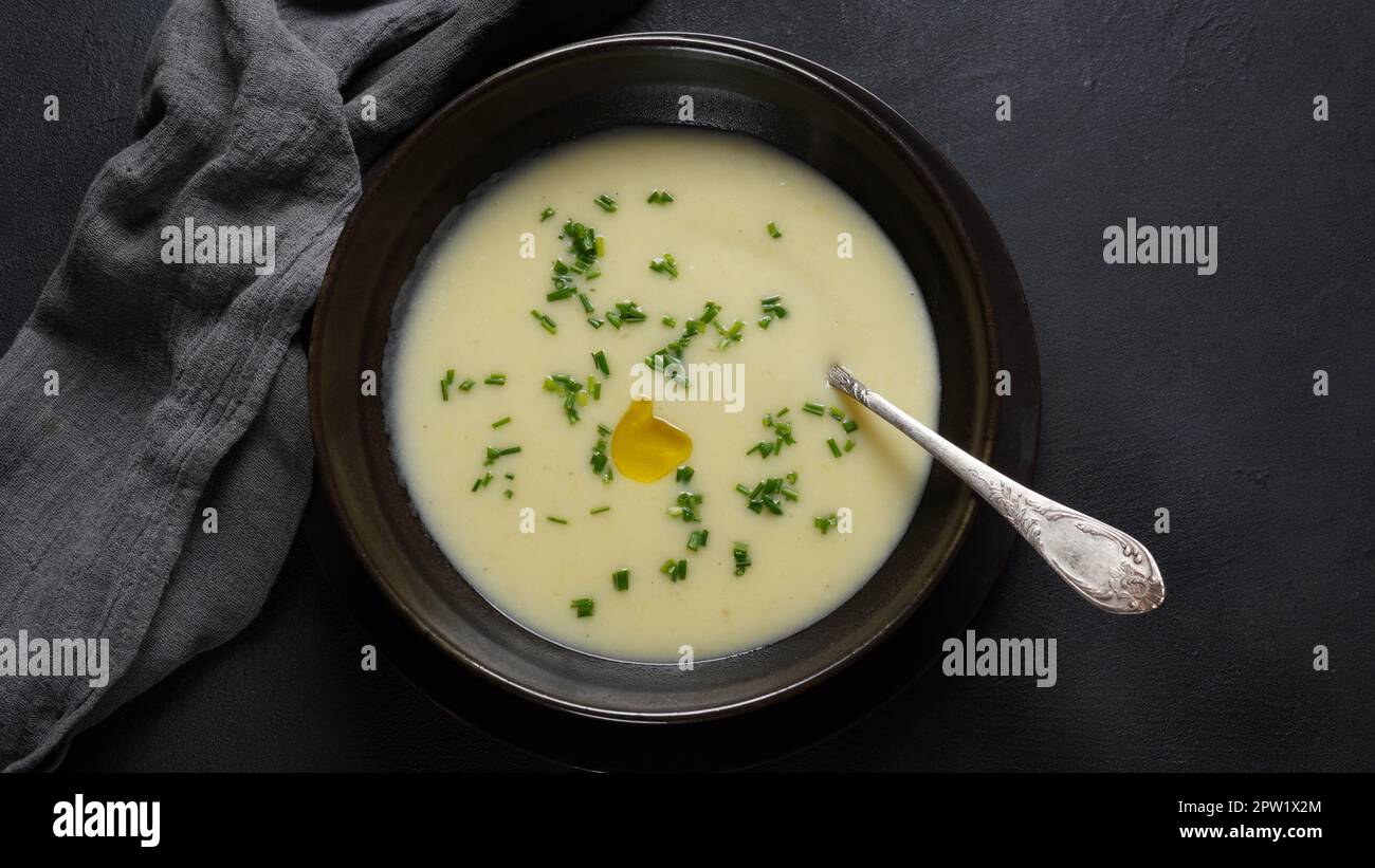 Vichyssoise, classic French chilled cream soup - potato leek, and onion ...