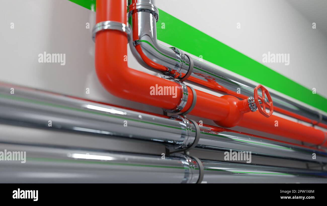 Red and metallic pipelines across a white wall with green accent line ...