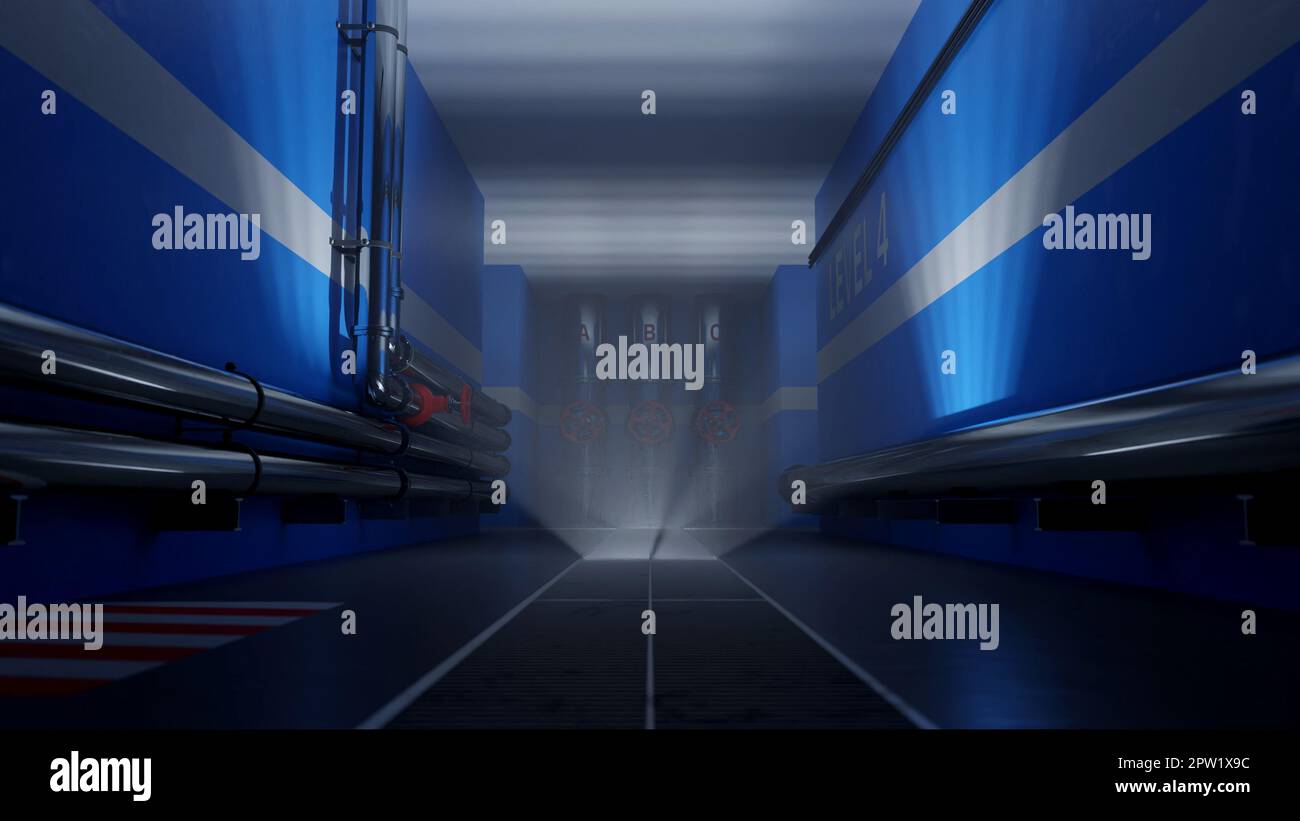 Clean, modern industrial hallway with stainless steel pipelines in dim ...