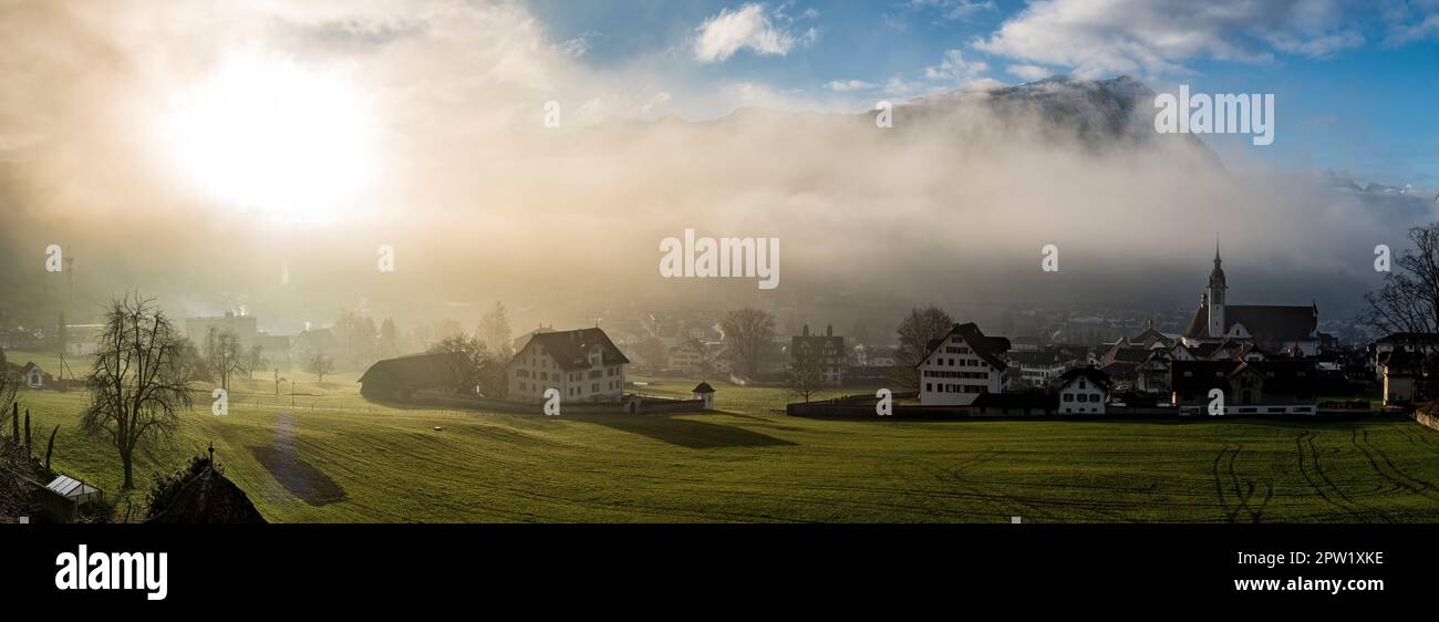 Morning haze or evening haze with the light rays of the sun penetrating ...