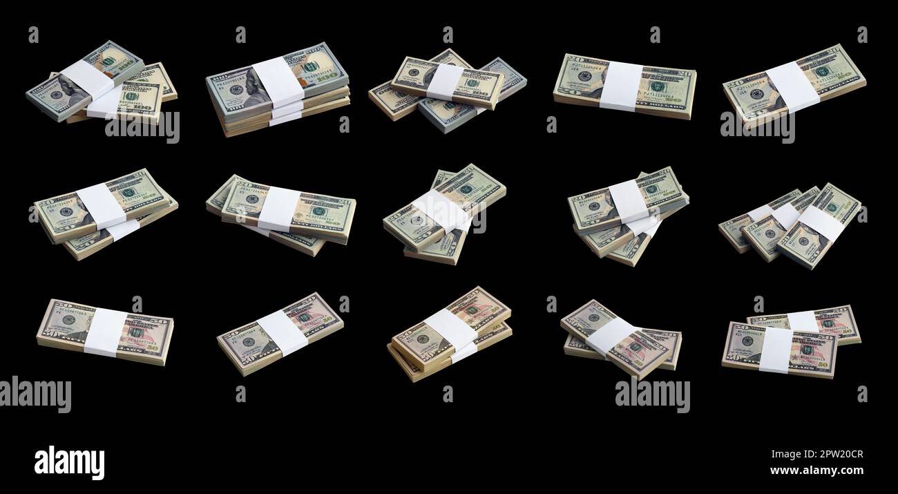 Big set of bundles of US dollar bills isolated on black. Collage with ...