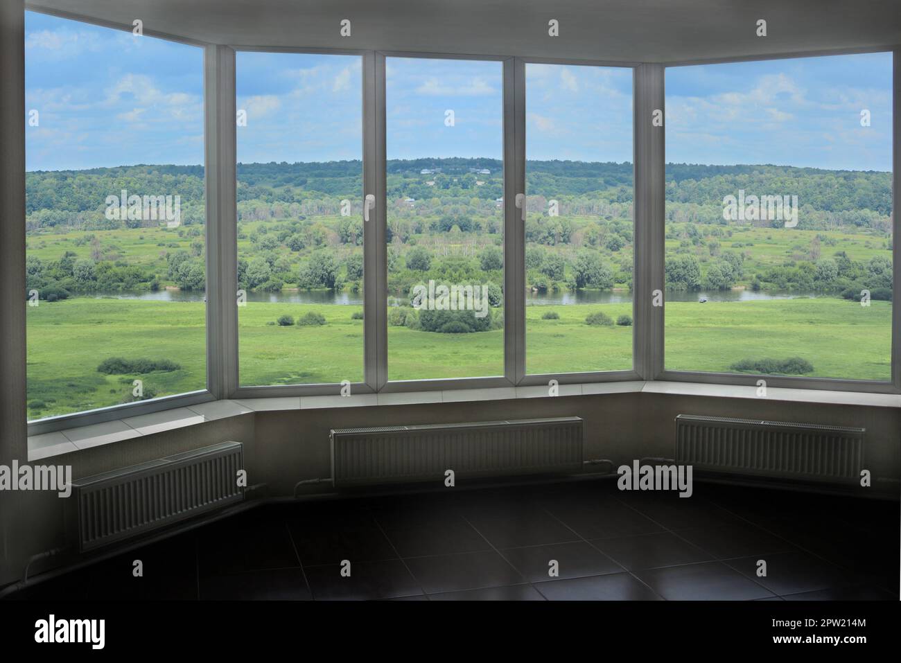 opened plastic window with view to summer landscape with forest and ...