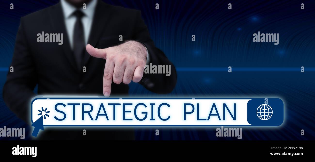 Sign displaying Strategic Plan, Business overview A process of defining ...