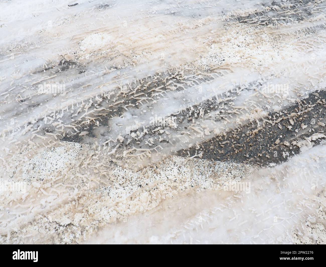 Snow, ice, slush and winter mud at a pedestrian crossing. The air ...