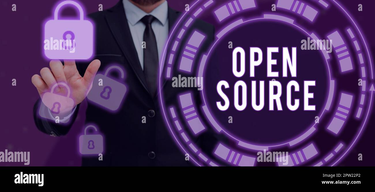 Text caption presenting Open Source, Business approach denoting software which original source ...