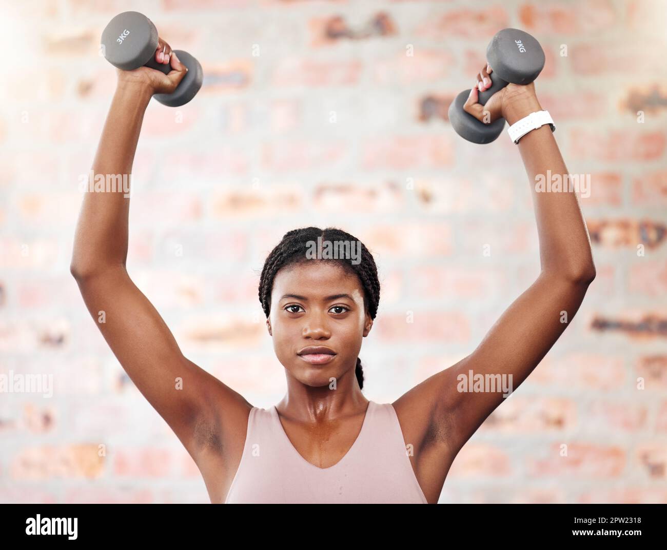 Strength training, fitness dumbbells and black woman in gym, health ...