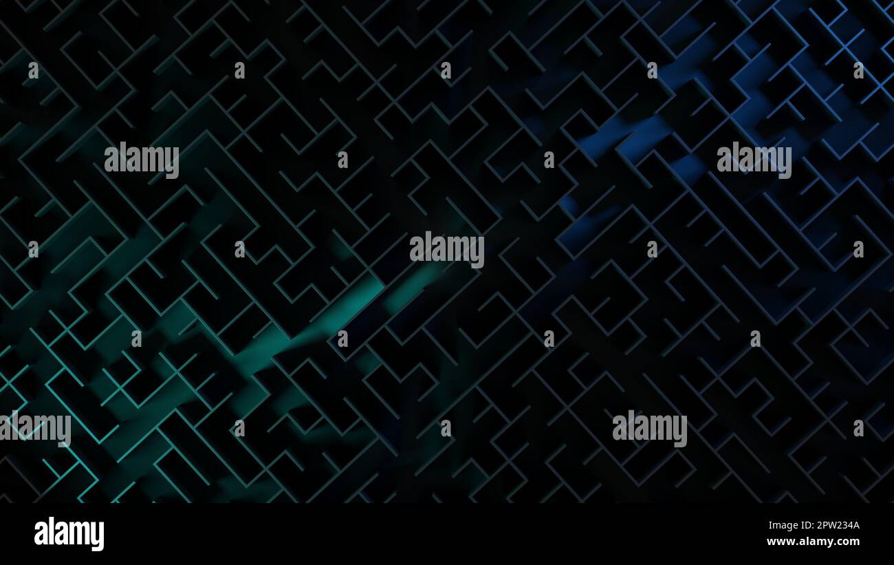 Dark maze pattern with blue and green lights. Top down view. Abstract ...