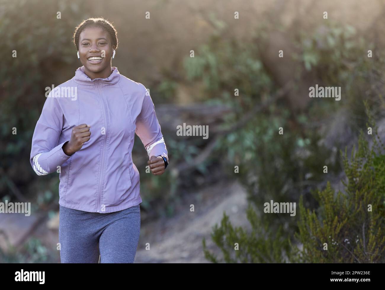 Black woman, running and fitness of a runner happy about nature workout ...