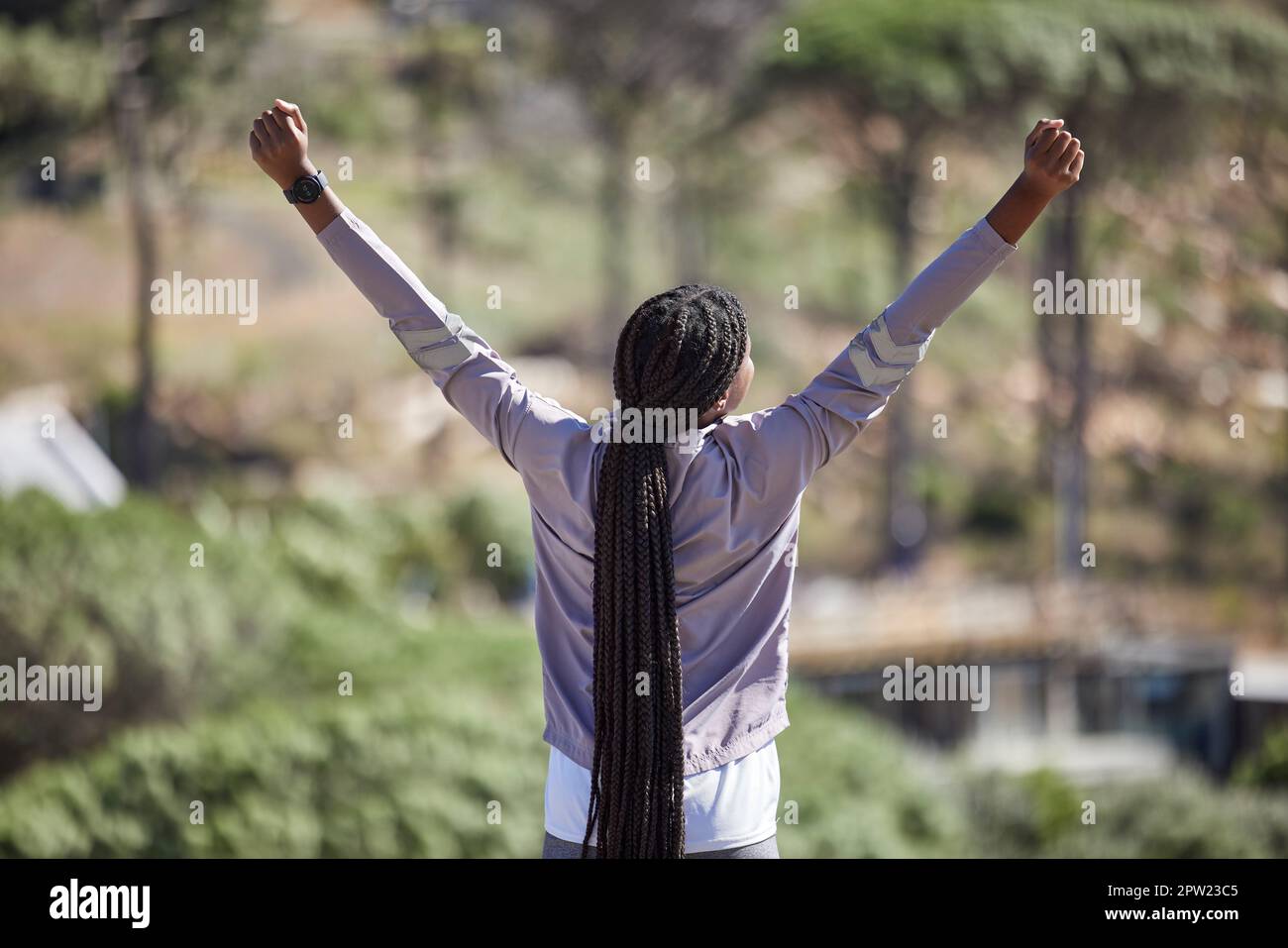 Fitness success, winner woman and a forest for marathon competition, exercise training or nature ...