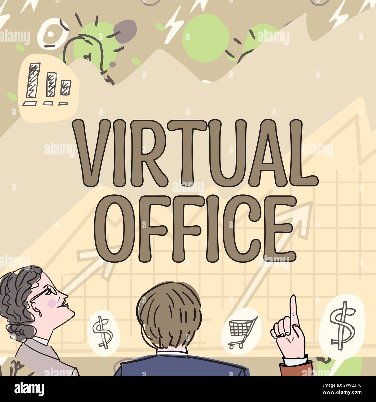 Sign displaying Virtual Office, Business overview Mobile work ...