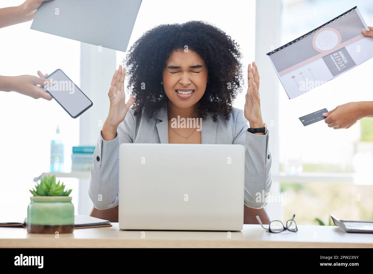 Stress, headache and black woman in a meeting, corporate chaos and ...