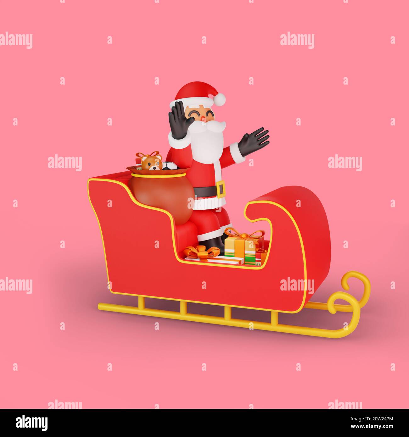 3d rendering of santa pose in front of a sleigh filled with gifts Stock ...