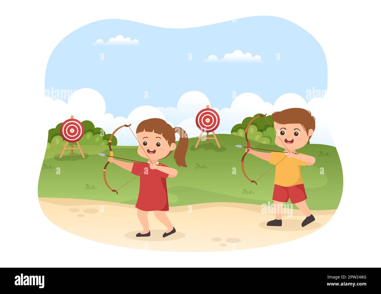 Archery Sport with Kids, Bow and Arrow Pointing at Target for Outdoor ...