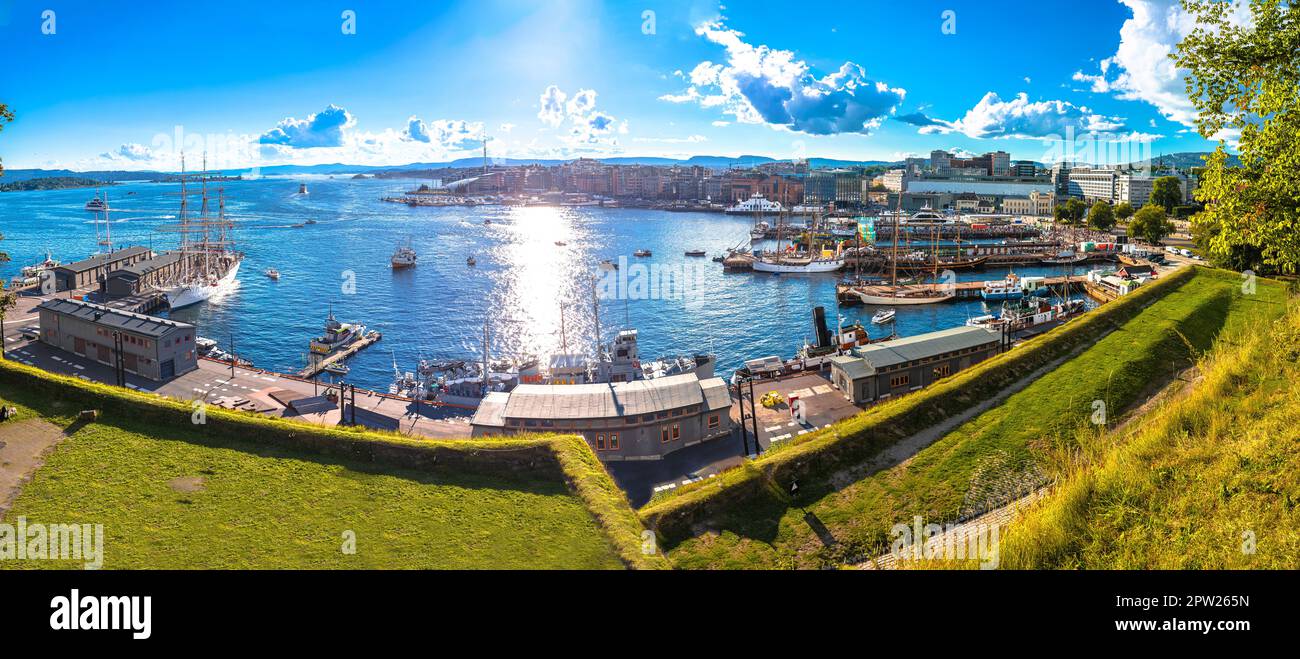Scenic harbor of Oslo in Aker Brygge panoramic view from above, capital ...