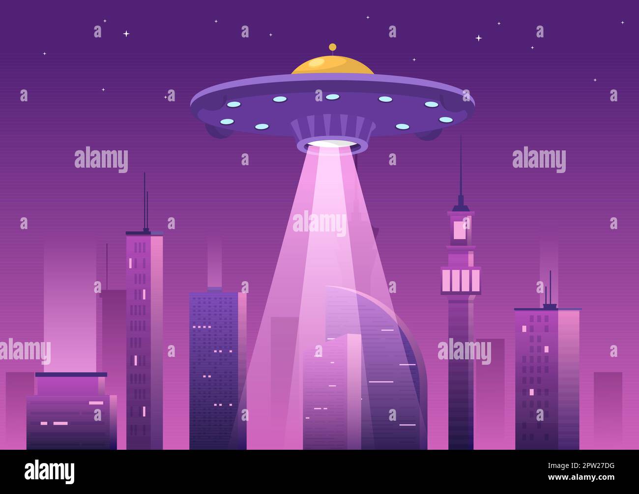 UFO Flying Spaceship with Rays of Light in Sky Night City View and ...