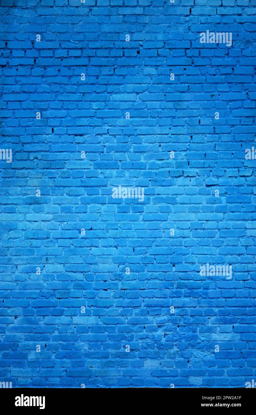 The texture of the brick wall of many rows of bricks painted in blue ...