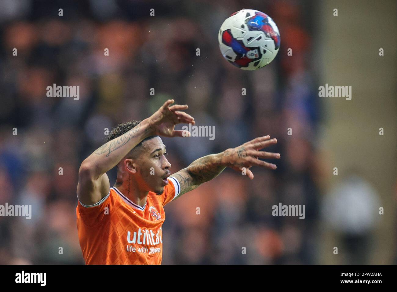Jordan Lawrence-Gabriel #4 of Blackpool takes a throw-in during the Sky ...