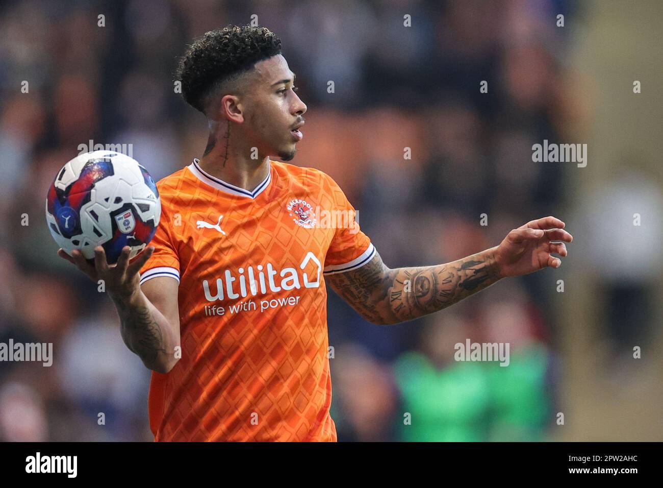Jordan Lawrence-Gabriel #4 of Blackpool takes a throw-in during the Sky ...