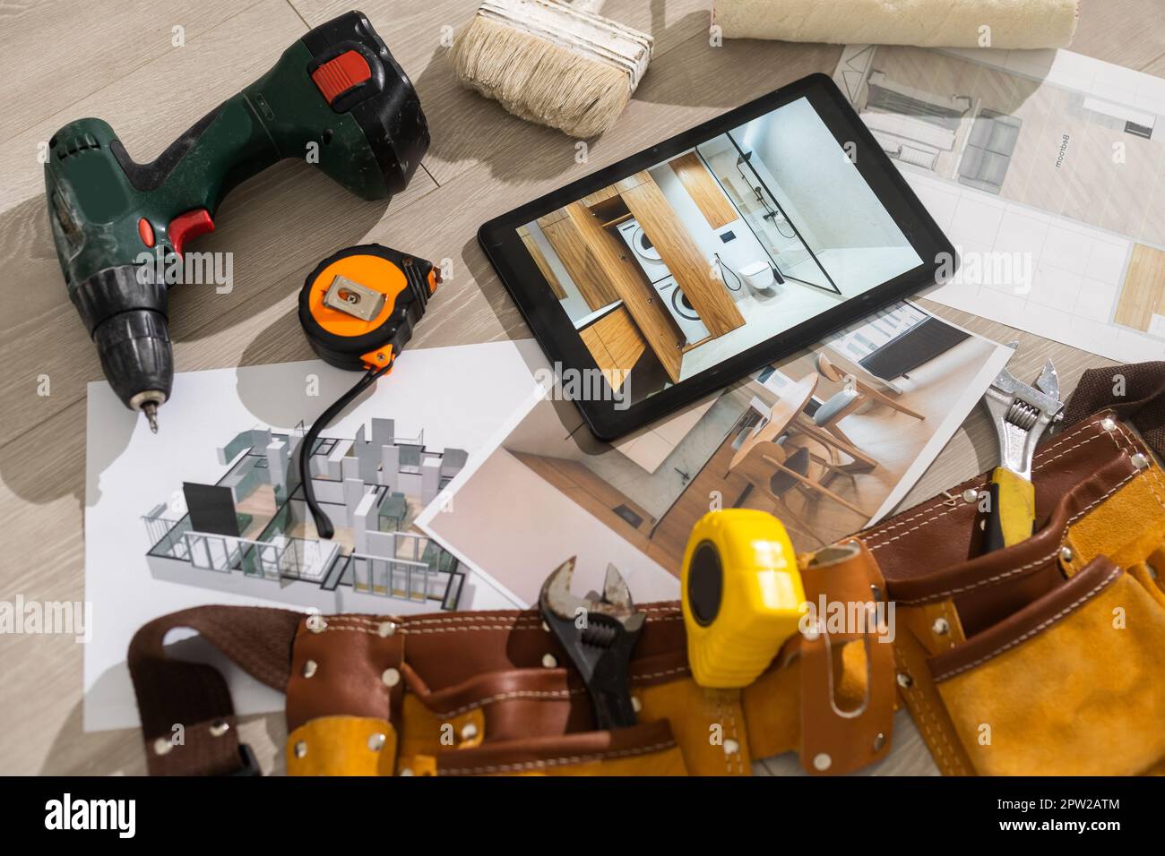 Computer Tablet Showing apartment Illustration Sitting On House Plans ...