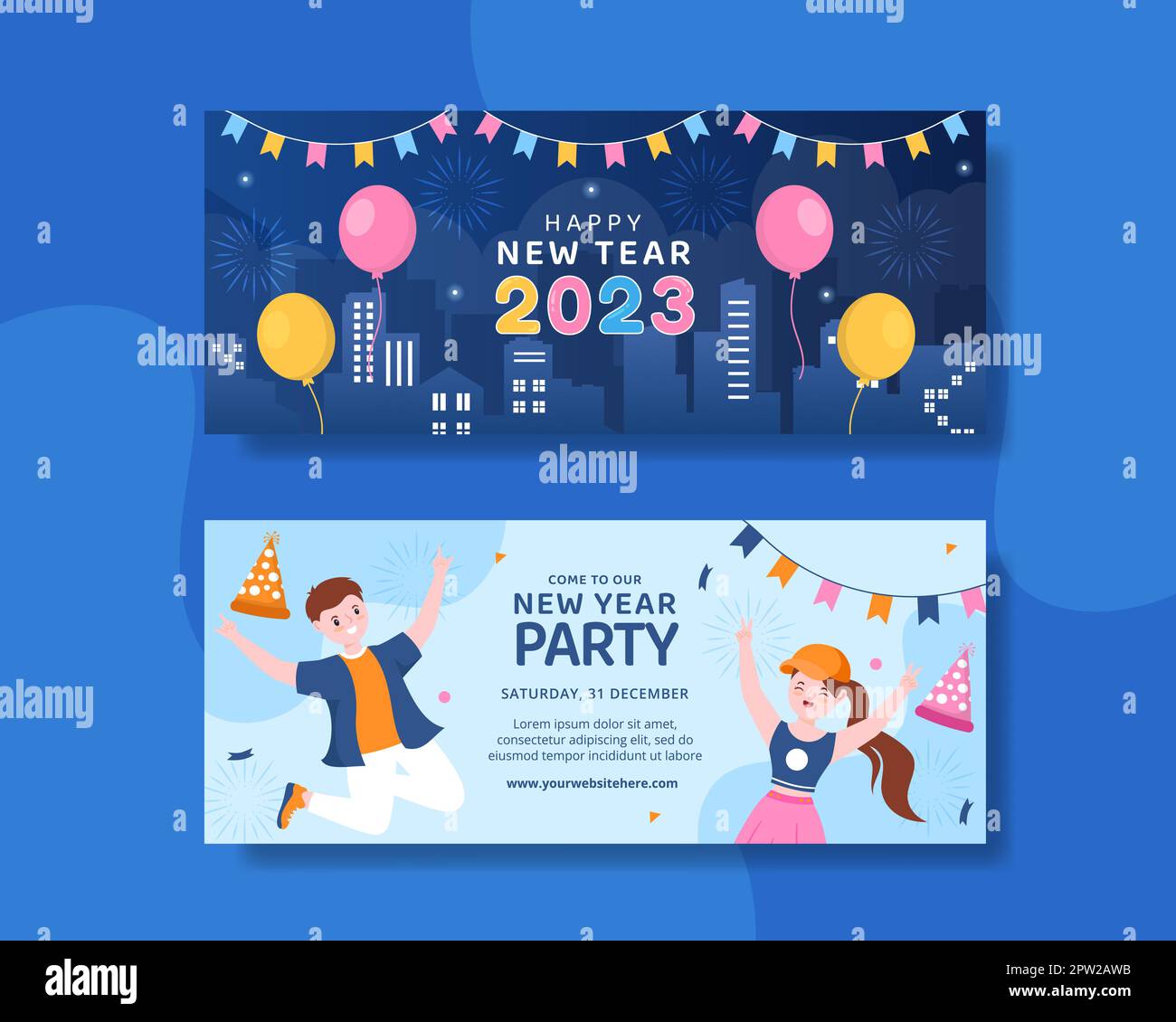 Happy New Year Celebration Horizontal Banner Flat Cartoon Hand Drawn ...