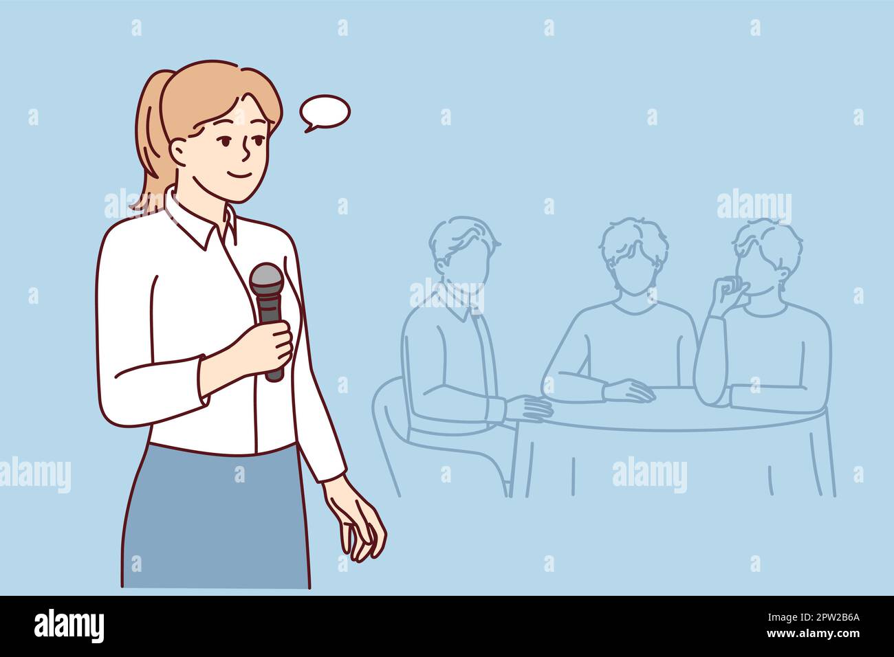 Woman with microphone host on quiz where teams compete by answering ...