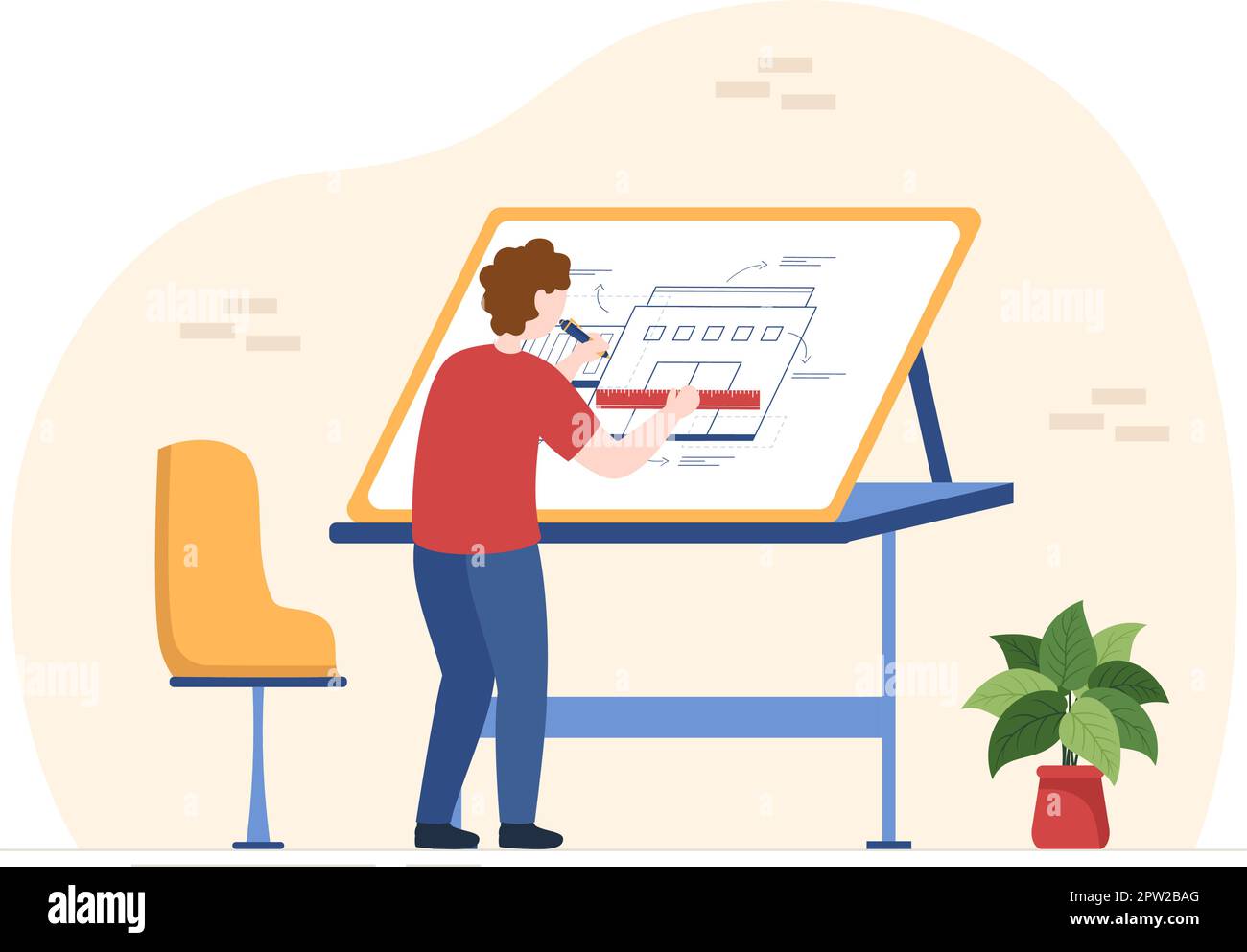 Drafting, Engineer or Architect Working on Drawing Board Projecting and ...