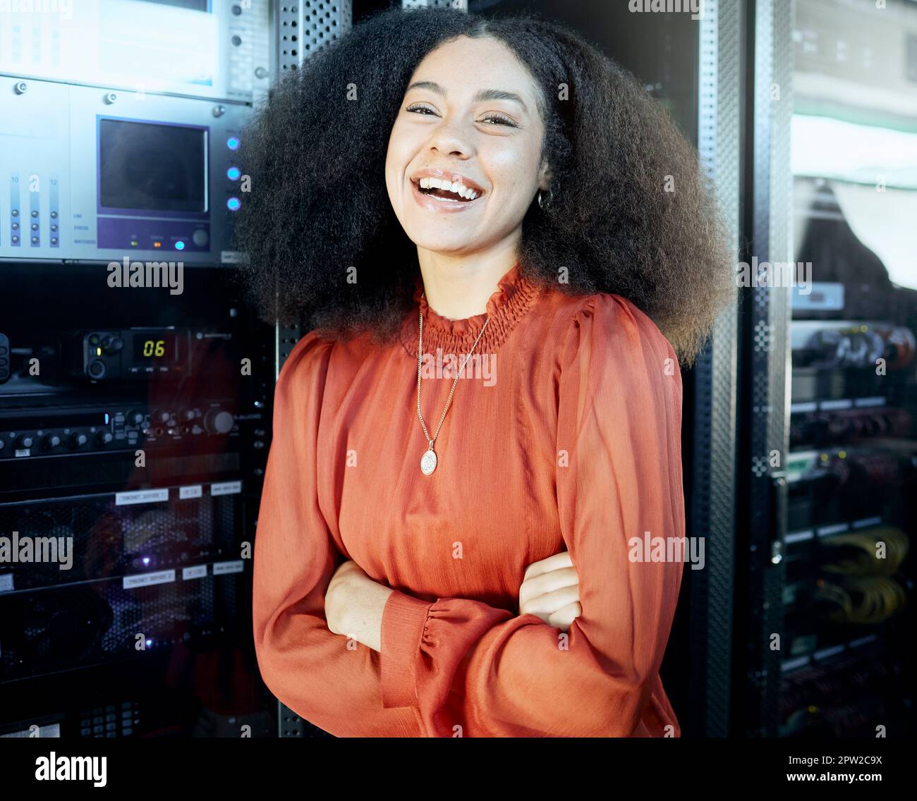 Black woman, happy and portrait of server engineer in workspace for ...