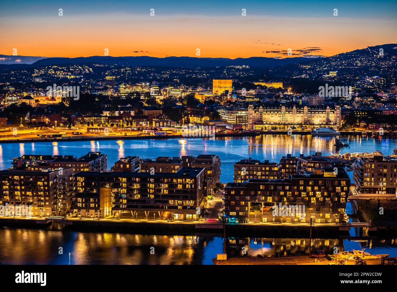 Oslo city center and waterfront golden dusk view from above, Kingdom of ...