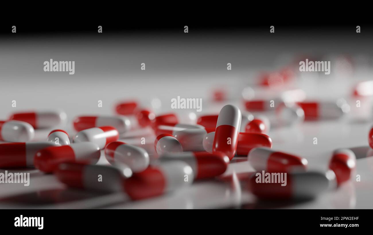 Red and white pills on white background. Prescription drugs addiction ...