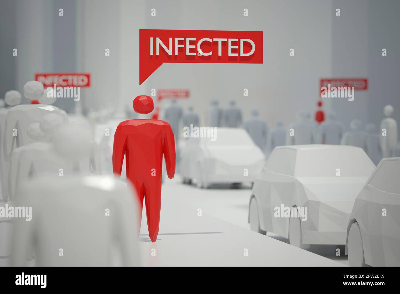 Infected person in a public space in the city. Digital 3D render ...